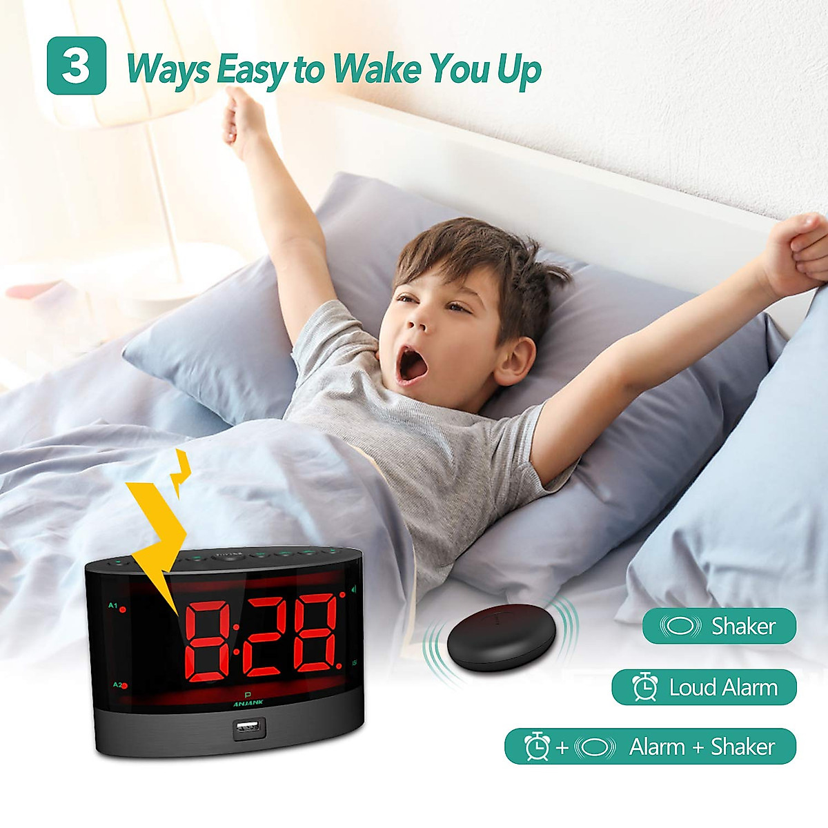 ANJANK Extra Loud Alarm Clock for Heavy Sleepers, Wireless Bed Shaker, Vibrating Dual Alarm, Deaf and Hearing-impaired, Adjustable Volume/Dimmer/Wake up Mode, USB Charger Port