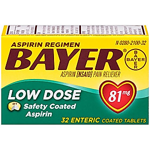 Bayer Aspirin Low Dose 81 mg, Enteric Coated Tablets, Doctor Recommended, Secondary Prevention of Cardiovascular Disease, 32 Safety Coated Tablets