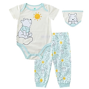 Disney Winnie the Pooh Baby Short Sleeve Bodysuit with Bib and Pants 3 Pack Set