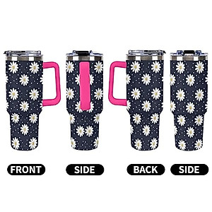 White Daisies Circles 40 Oz Tumbler Insulated Stainless Steel Water Bottle Travel Mug Car Cup with Handle And Straw