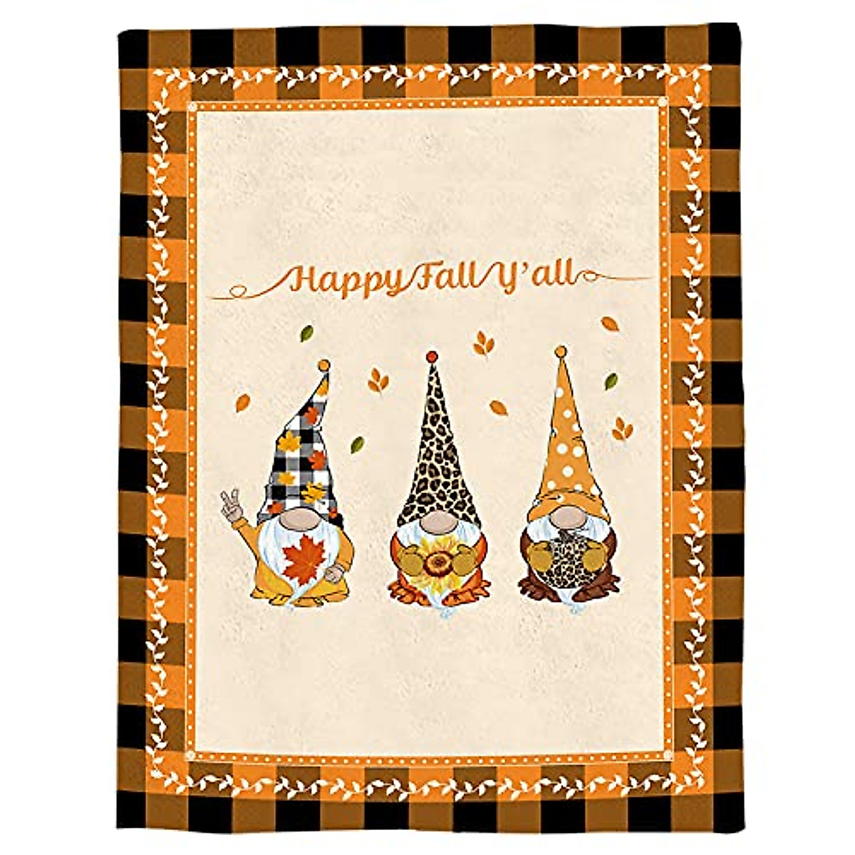 Flannel Fleece Throw Microfiber Blanket Super Soft Cozy Blanket Thanksgiving Happy Fall Y'all Gnome with Pumpkins Lightweight Fuzzy Bedding Fleece Blanket for Couch Sofa Bed-39" x 49"