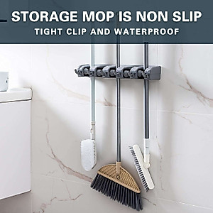 Mop and Broom Holder, Wall Mounted Organizer, Garage Storage Rack & Garden Tool Organizer, 5 Slots with 6 Hooks Kitchen, Garage and Laundry