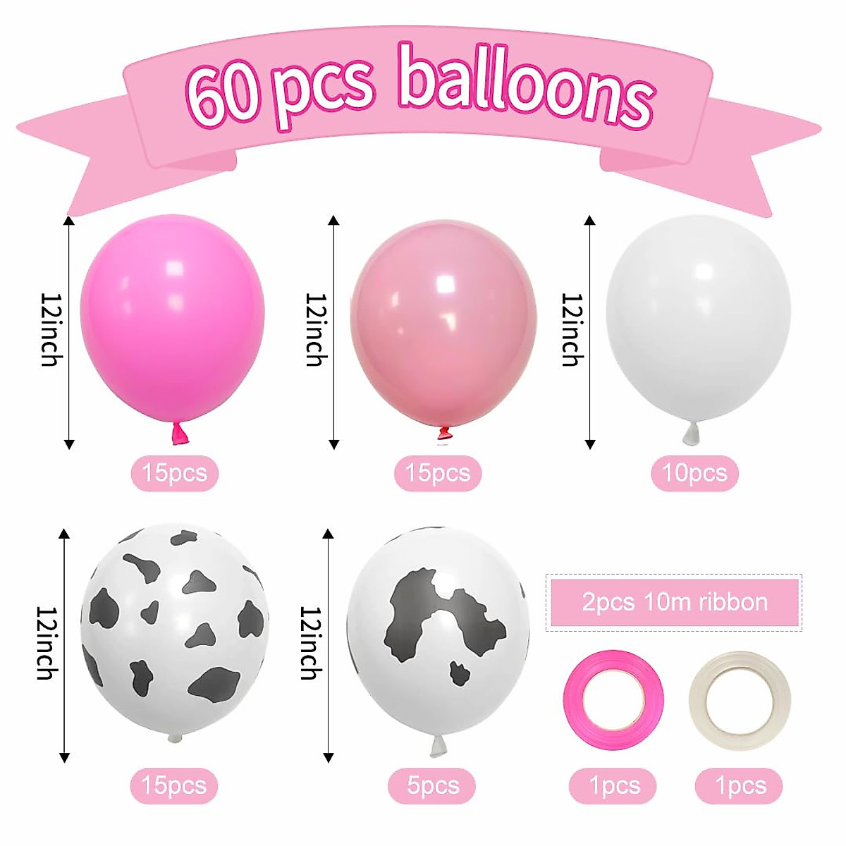 Cow Print Balloons Set, 12Inch 60pcs Pink White Cow Balloons Cow Print Balloons Cow and Pink Balloons For Girl Bithday Baby Shower Farm Animals Cow Themed Party Decoration