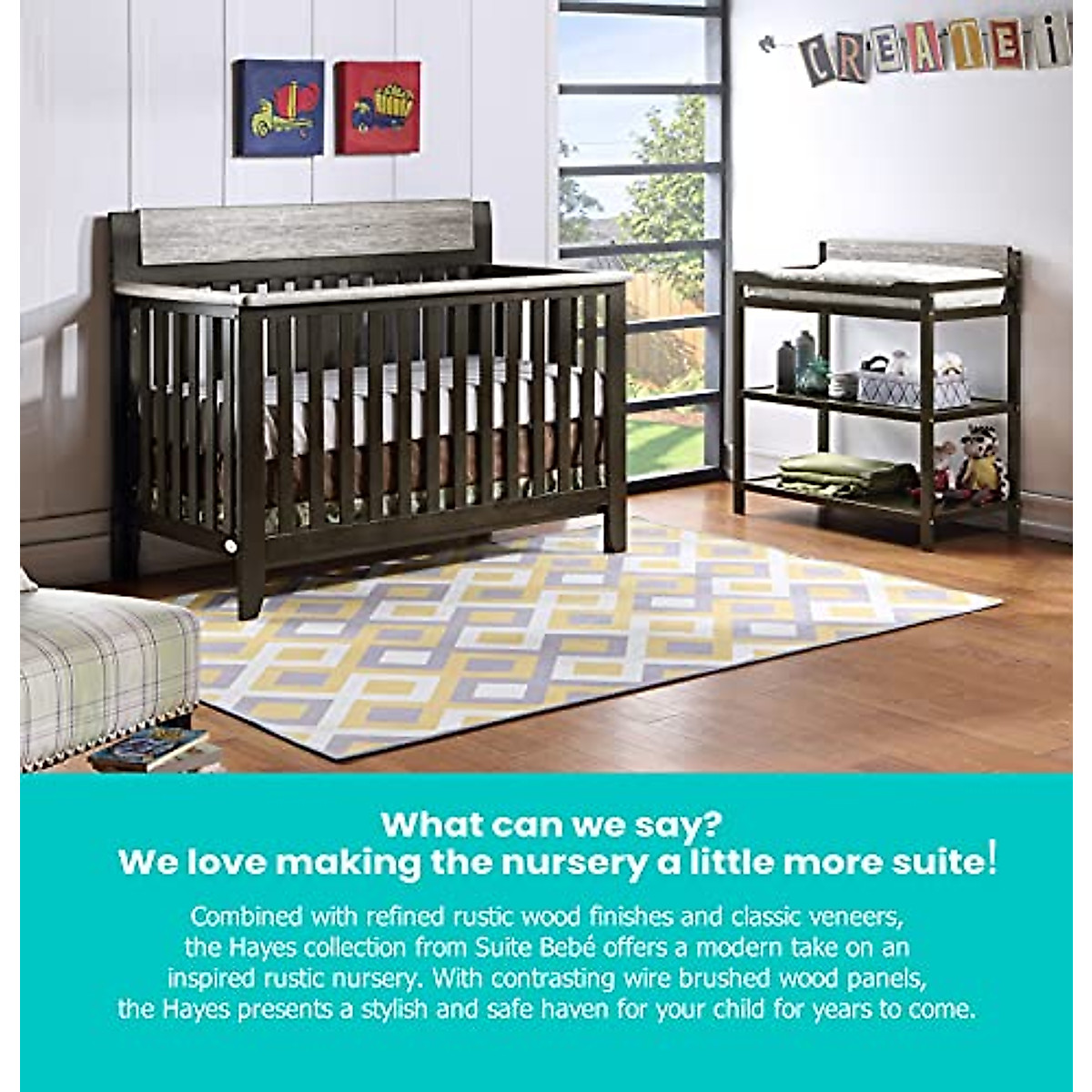 Suite Bebe Hayes 4 in 1 Convertible Crib, Coffee and Faux Barnwood - Quick Ship