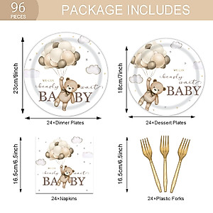 We Can Bearly Wait Bear Baby Shower Party Supplies Serves 24, Includes Plates, Napkins, Forks, Brown Nude Party Tableware Set for Boy Girl, Total 96PCS