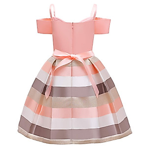 NSSMWTTC Girls Off Shoulder Dress Kids Christmas Sunday Halloween Baptism Christening Striped Dresses (Pink,140)