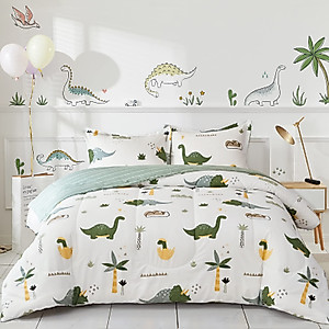 Joyreap Dinosaur Kids Cotton Comforter Set for Boys Girls, Twin Size 3pcs Cotton Bedding Comforter, Fresh Green Dinosaurs on White Design, Skin-Friendly Breathable for All Season- 68x88 inches