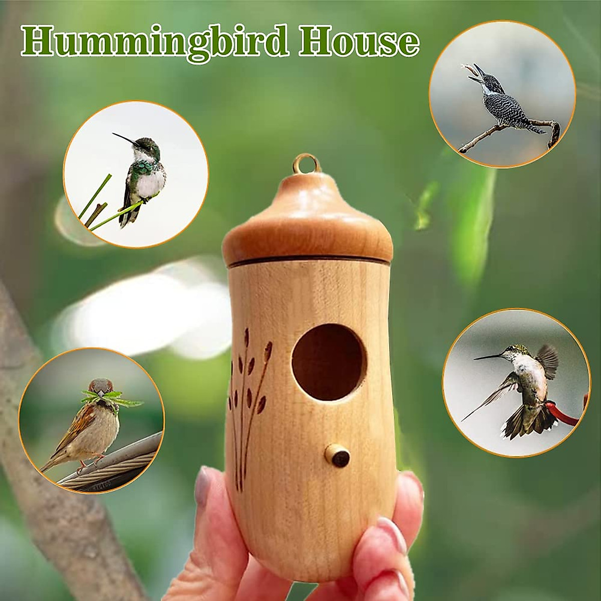 BOMEIQEE Hummingbird House, 4.5 Inches Mini Bird House, Wooden Hummingbird Swing Nest for Outside Hanging, Pet Cottage for Wren Swallow Sparrow Hummingbird Finch Houses (3PCS)