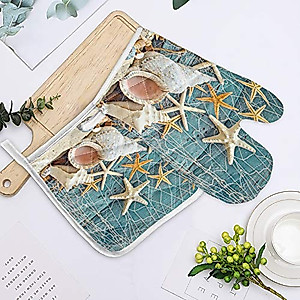 Set of Oven Mitt and Pot Holder, Beach Coastal Starfish Seashel Oven Gloves Heat Resistance Non-Slip Surface for Kitchen BBQ Cooking Baking Grilling, Blue Accent