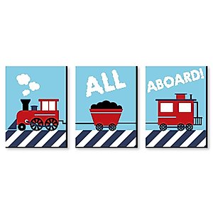 Big Dot of Happiness Railroad Crossing - Steam Train Baby Boy Nursery Wall Art and Kids Room Decorations - Gift Ideas - 7.5 x 10 inches - Set of 3 Prints