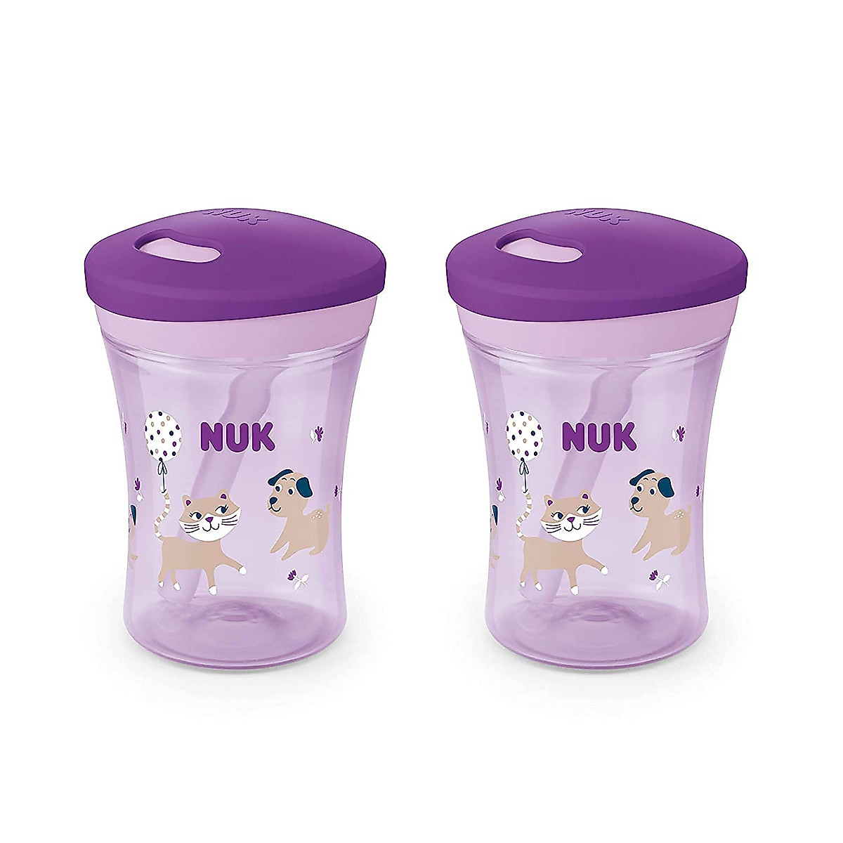 NUK Evolution Straw Cup, 8 oz (Purple Cat & Dog, 2 Pack)