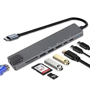 USB C Hub, 8 in 1 Laptop Docking Station, Aluminum USB C Multiport Adapter with , USB3.0, RJ45, USB C Female Port, USB C Male Port, TF Card Reader