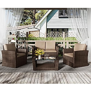 LHBcraft 4PCS Patio Furniture Set, Outdoor Conversation Sets with Rattan Chair Table, Wicker Loveseat Sofa Bistro for Garden, Pool, Backyard