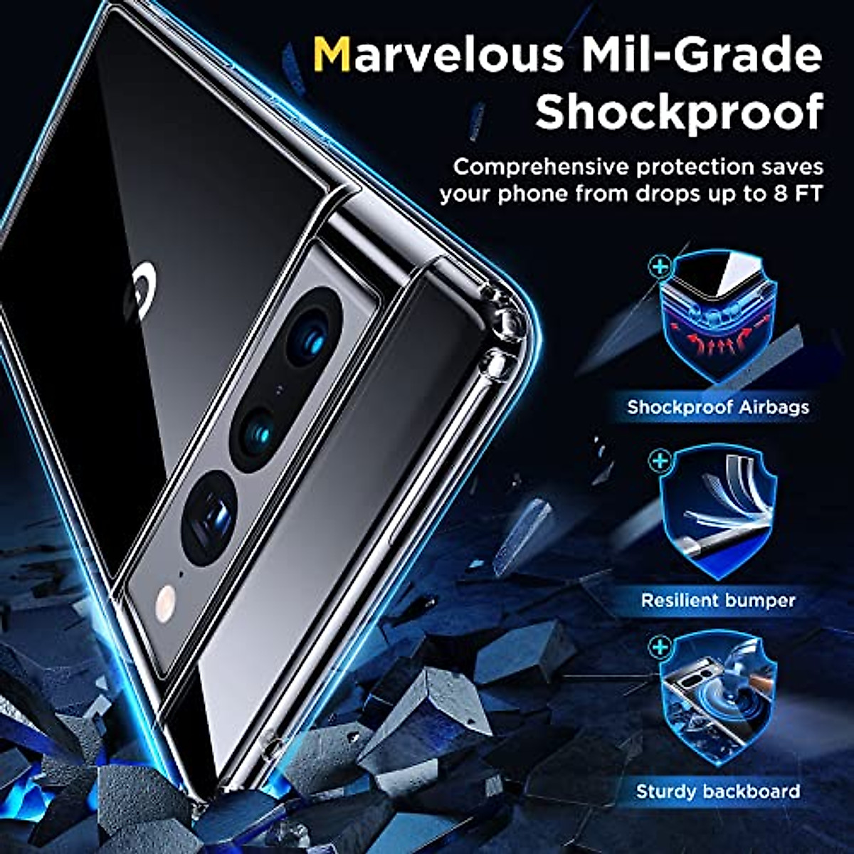Humixx Crystal Clear Designed for Google Pixel 7 Pro Case [Non-Yellowing] [8 FT Military Drop Protection] Slim Fit Yet Protective Shockproof Bumper with Airbag Case Cover 6.7 Inch- Crystal Clear