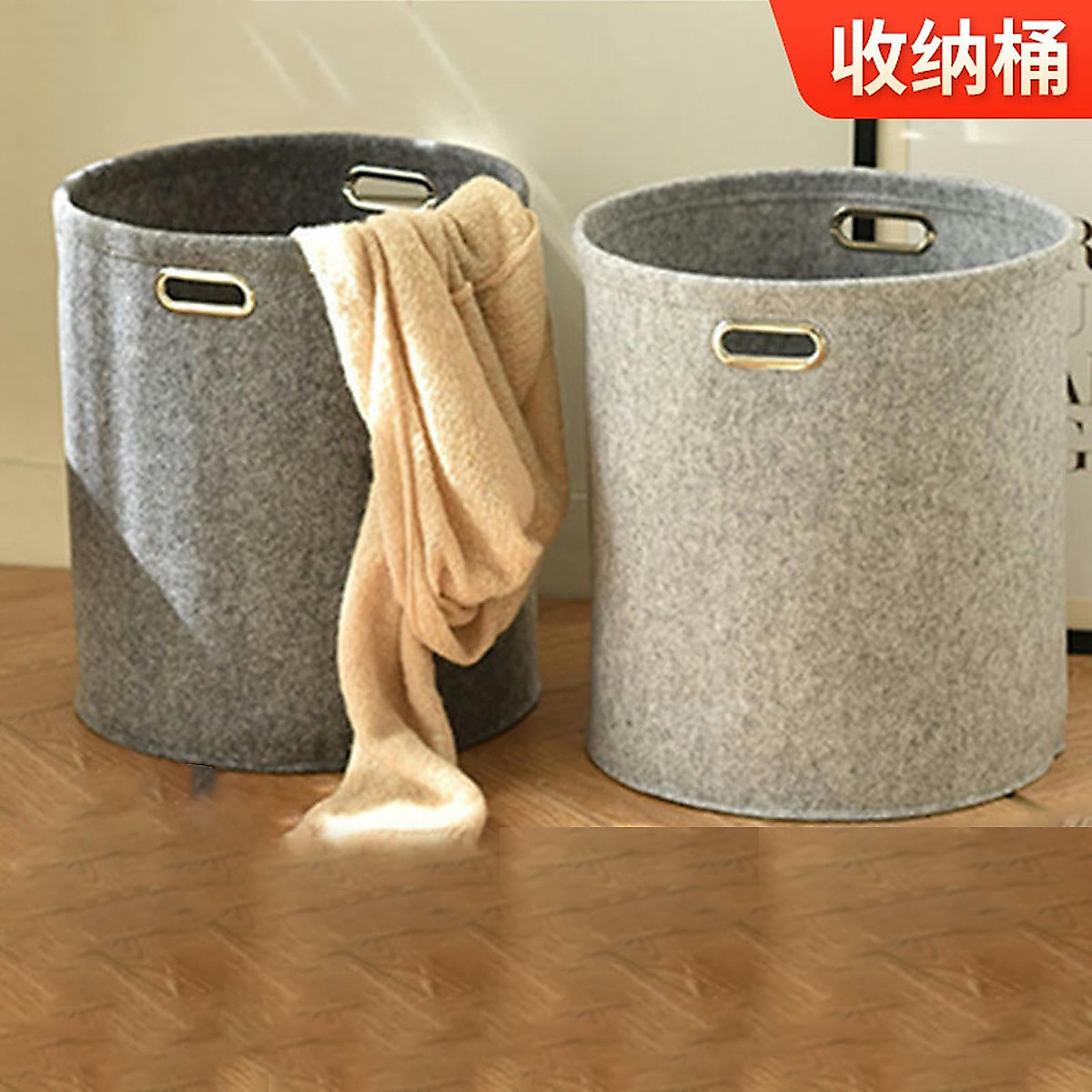 Felt Debris Storage Basket Dirty Clothes Storage Basket Large Household Thickened Dirty Clothes Basket Toy Storage Bucket-Light gray-3mm thick * 37cm diameter * 46cm height