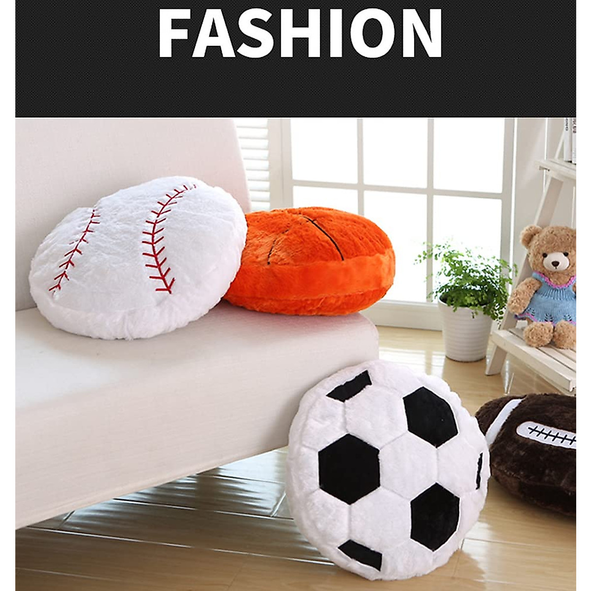 17.7" Basketball Plush Pillow Soft Fluffy Velvet Stuffed Football Throw Pillow Sports Rugby Ball Shaped Sleeping Travel Pillow Sofa Recliner Bedroom Decoration Gifts for Kids Children Boys Women Men