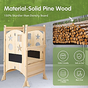 Ixdregan Toddler Kitchen Step Stool for Toddlers - Toddler Stool with Cute Cartoon Design, 3 Height Adjustable Toddler Stool for Kids 18M+, Safe Toddler Stepping Stool Supports 130LB-Natural Wood