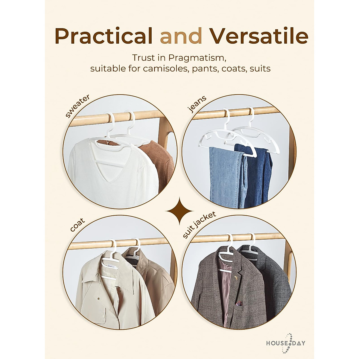 HOUSE DAY White Plastic Clothes Hangers, Heavy Duty Coat Hangers 24 Pack, Premium Thick Wide Shoulder Suit Hanger with Non-Slip Hook, Space Saving Hangers for Shirts, Sweaters, Dresses, Pants