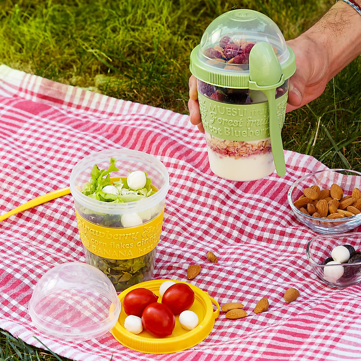 Yogurt Parfait Cups for Breakfast, Oatmeal or Fruit Container, Snack Bowl and Spoon for Lunch Box, Portable & Reusable, 2 PCs (Green & Yellow)