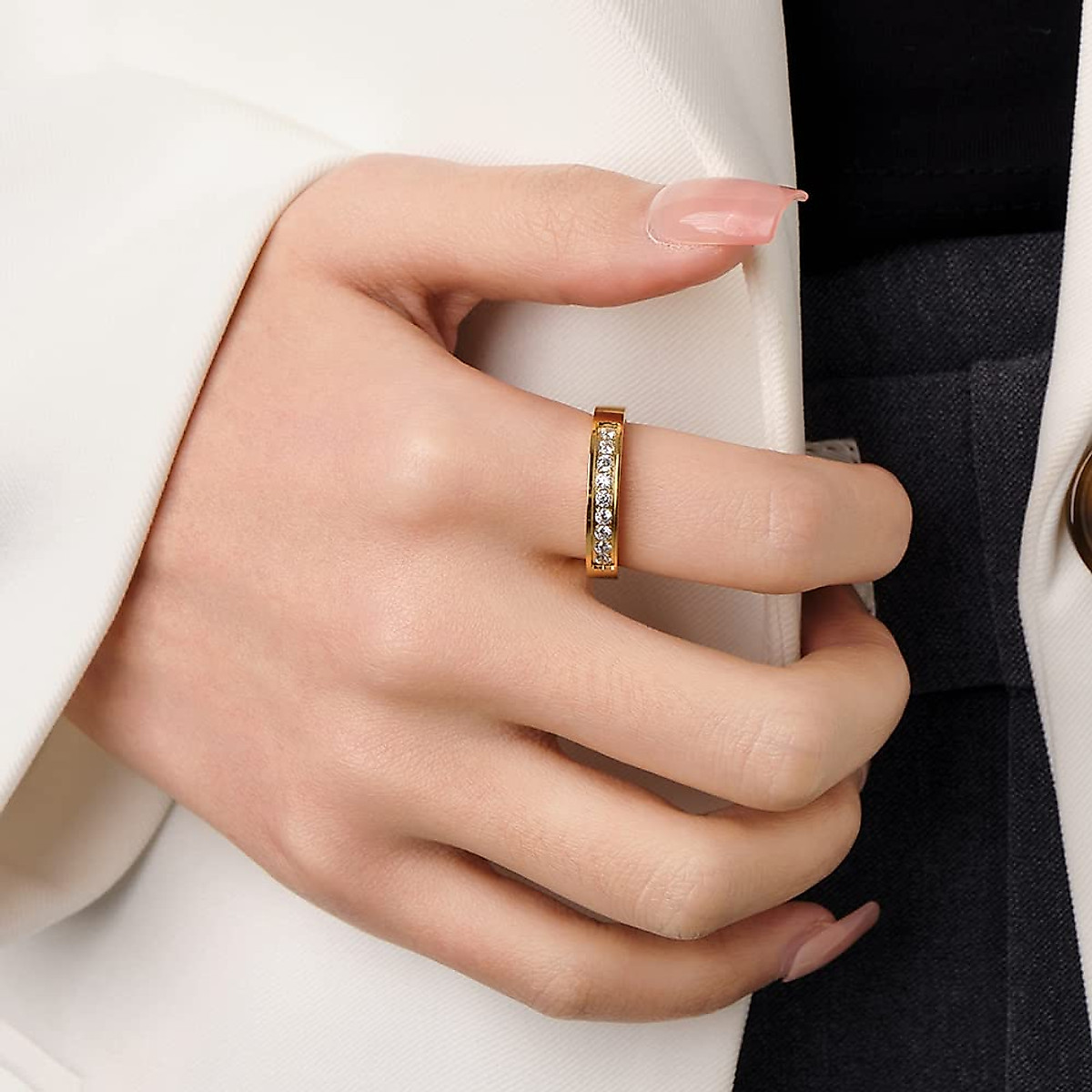 MYNENEY 14K Gold/Silver Plated Wedding Band Cubic Zirconia Eternity Stackable Engagement Ring For Women (4MM- 9 Diamonds-Gold, 8)