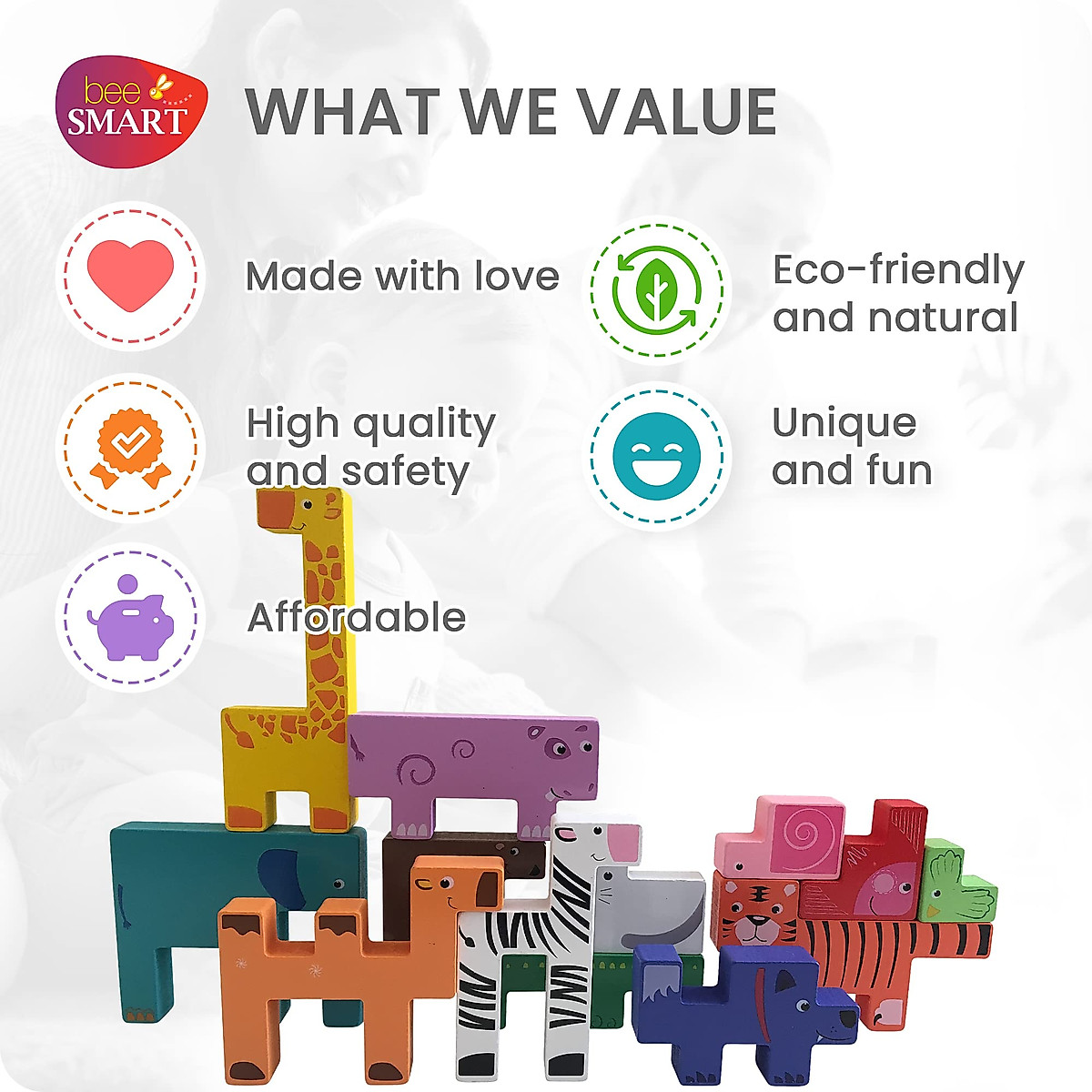 bee SMART Wooden Stacking Balancing Animal Activity Toy | Wooden Box & Bag | Kids Activity Montessori Educational Colourful Gifts for Preschool & Toddlers Boys & Girls