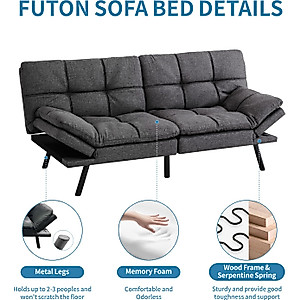 MUUEGM Futon Sofa Bed, Convertible Memory Foam Sofa Bed, Modern Love Seat Sofa Bed for Living Room, Office, Dormitory, Apartment, Adjustable Backrest & Armrests, (Linen Fabric, Dark Gray)