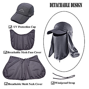 ELLEWIN Outdoor Fishing Flap Hat UPF50 Sun Cap Removable Mesh Face Neck Cover, D-grey/ Mesh Neck Cover, M-L-XL