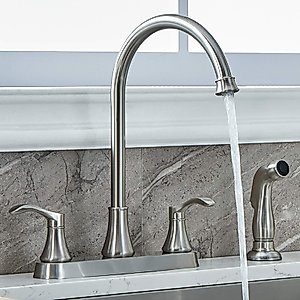 VALISY 3 Hole or 4 Hole Two Handle Kitchen Faucet with Side Sprayer, Commercial Lead-Free Brushed Nickel Kitchen Sink Faucets for Rv Kitchen Sinks with High-Arc Spout & Side Sprayer