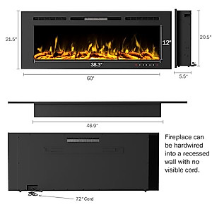 60” Electric Fireplace-Front Vent, Wall Mount or Recessed-3 Color LED Flame, 10 Fuel Bed Colors & 3 Media-Touch Screen & Remote Control by Lavish Home