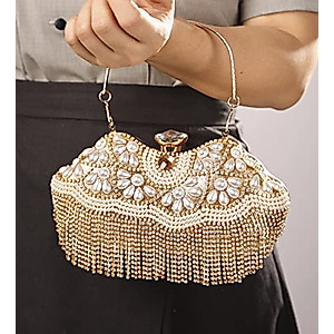 Sither Rhinestone Tassel Handbag Purses for Women Evening Handbag Purses Crystal Pearls Clutch Purses Sparkly Clutches Shoulder Chain Bags for Party Prom Christmas Gift (gold)