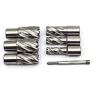 OSCARBIDE Annular Cutter Set 7 Pieces 3/4" Weldon Shank 1"Cutting Depth,1/2 to 1-1/16 inch Diameter,2 Flats Annular Cutters HSS Mag Drill Bits Kit for Magnetic Drill Press with 1 Pieces Pilot Pin