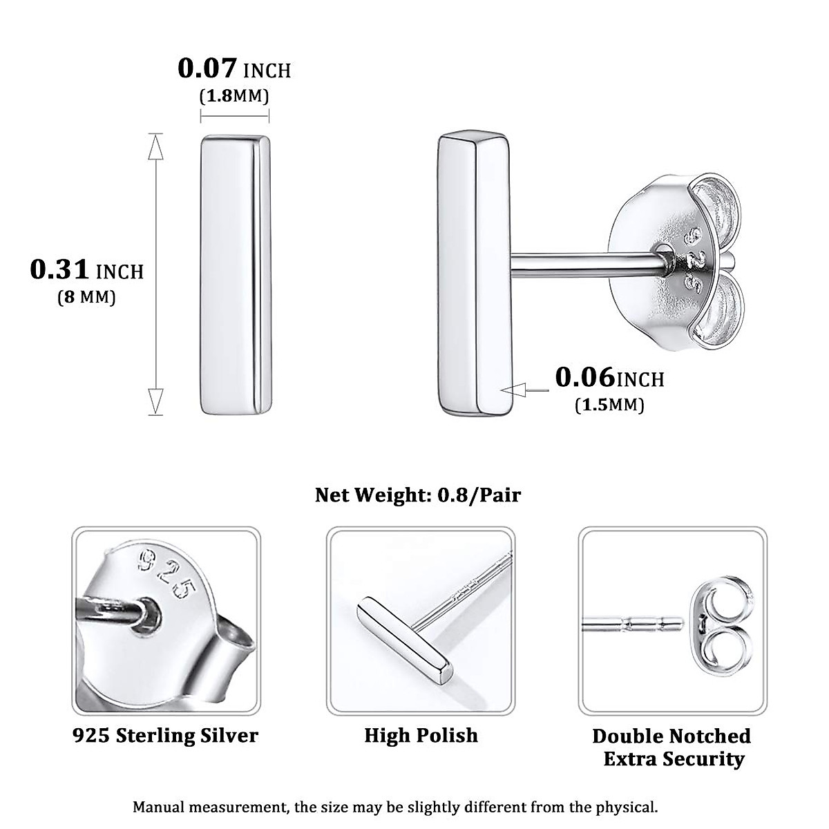 ChicSilver Minimalist Bar Earrings for Women Hypoallergenic 925 Sterling Silver Simple Small Geometric Stud Earrings for Sensitive Ears Valentines Day Gifts for Mothers Day