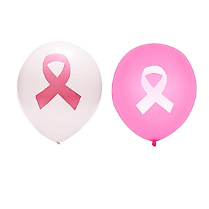 Llxieym 60 Pieces Pink Ribbon Balloons Breast Cancer Awareness Balloons Set for Party with 6 Rolls Ribbons (pink&white)