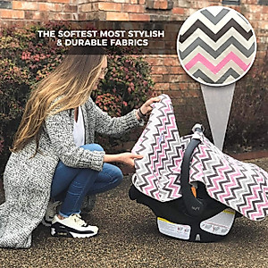 Baby Carseat Canopy Cover-Breathable Infant Car Seat Cover Helps Protect Babies-Our Baby Car Seat Covers Also Double as a Nursing Cover, High Chair Cover & Playmat-Pink & Gray Chevron with Gray Minky