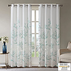 Madison Park Cecily Semi Sheer SINGLE Panel Window Curtain Burnout Botanical Print, Easy To Hang, Fits up to 1.25" Diameter Rod, 50x84", Leaves Aqua