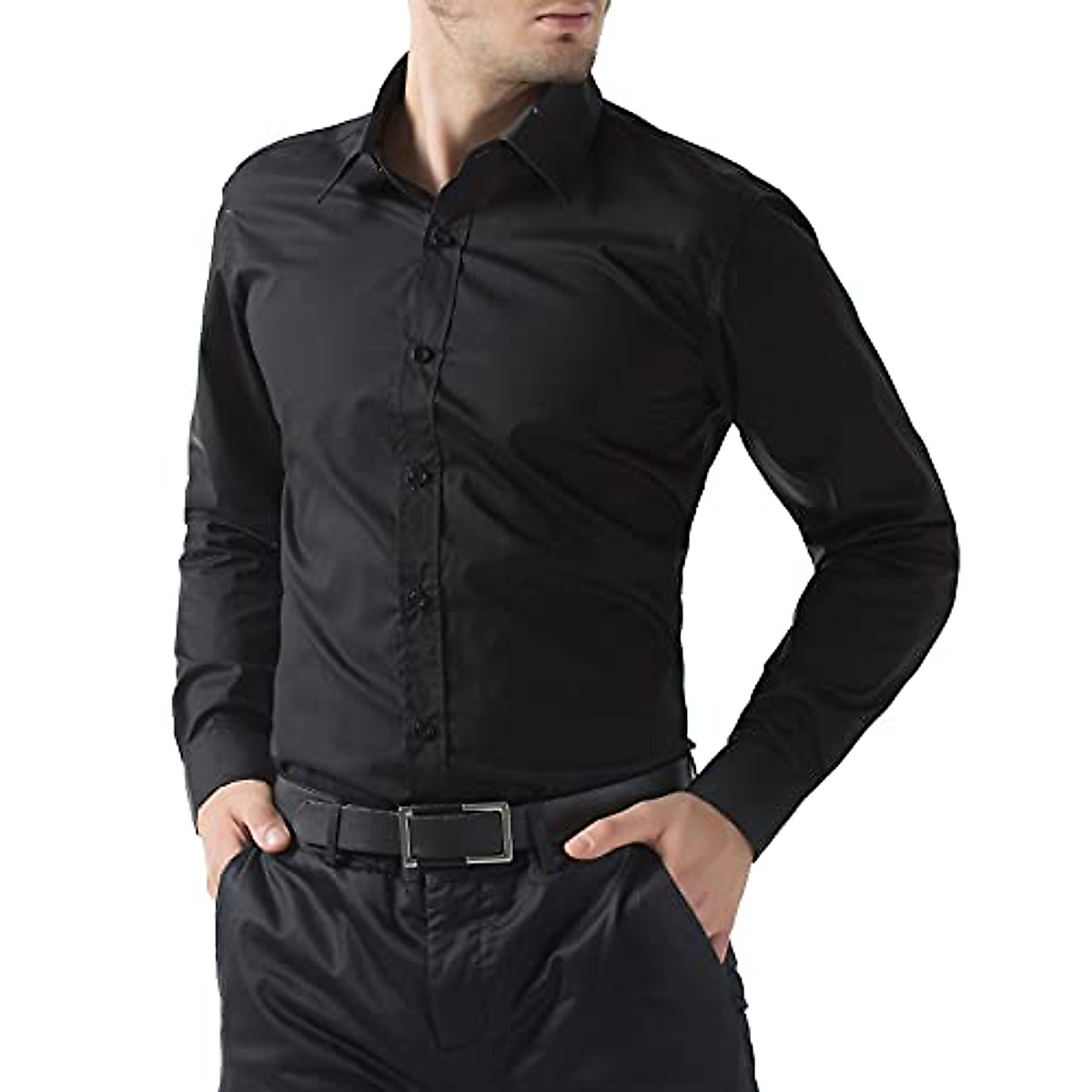 PJ PAUL JONES Men's Black Long Sleeve Button Down Dress Shirts Designer Slim Fit Dress Shirts Office Wear (Black,L)
