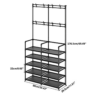 UDEAR 5-Tier Coat and Shoe Rack, Entryway Coat Rack with 8 Hooks, Double Row Shoes Organizer for Living Room, Bedroom, Office, Black