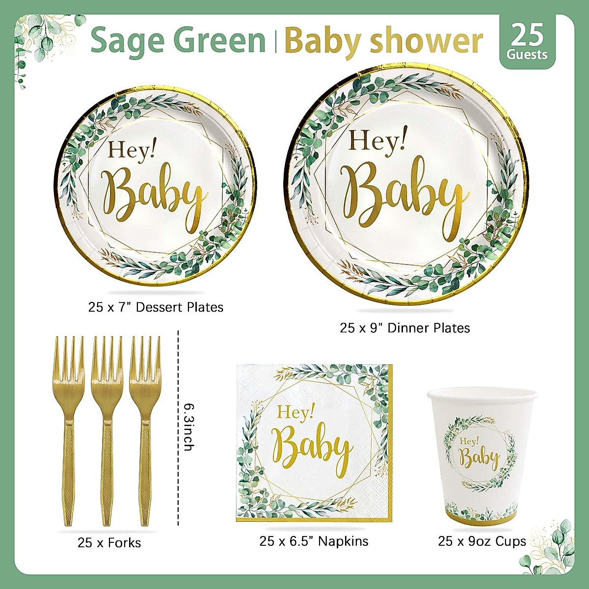 Heboland Sage Green Baby Shower Decorations Neutral Plates Set for 25 Guests, 125 Pieces of Paper Plates Cups Napkins Forks for Baby Shower Theme Party Supplies