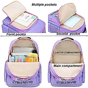 BTOOP Girls Backpack Kids Elementary Bookbag Girly School Bag with Insulated Lunch Tote and Pencil Pouch (Purple -3pcs)