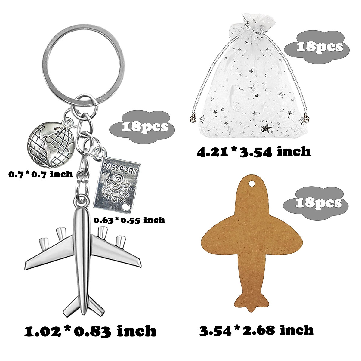 18 Sets Airplane Party Favors Travel Adventure Party Favors Airplane Compass Keychains Airplane Tags Organza Bags for Adventure Theme Party Graduation Travel Party Baby Shower Supplies (Style 1)
