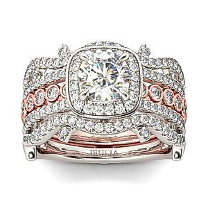 Jeulia Two Tone Interchangeable Rings Rose Gold Plated Engagement Rings Halo Round Cut Twisted Bridal Set Sterling Silver Wedding Anniversary Promise Rings (7)