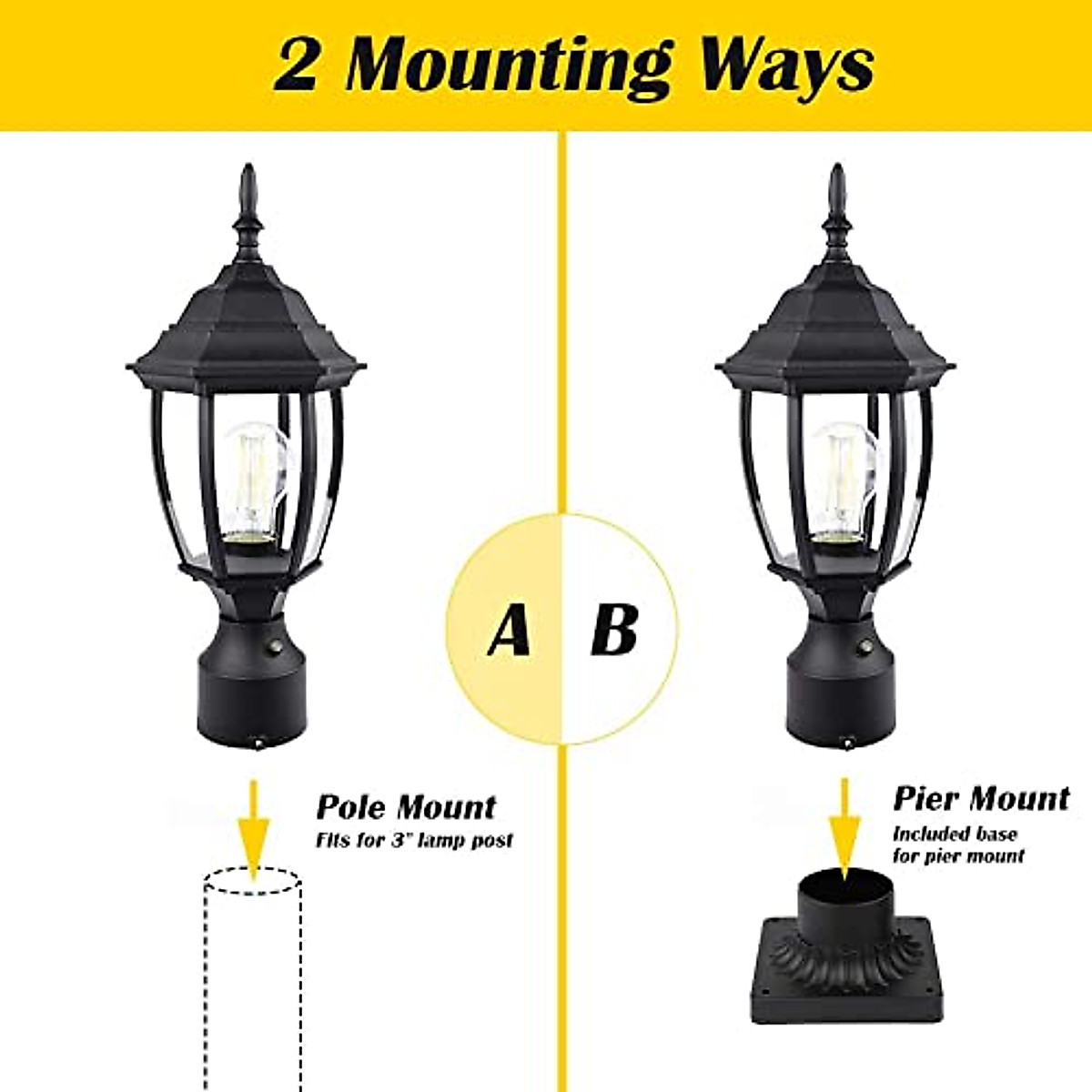 Hardwired 120V Dusk to Dawn Outdoor Post Light, Waterproof Aluminum Pole Light Fixture with Pier Mount Base, Exterior Lamp Post Lantern Head with Clear Glass for Garden Yard Patio Pathway (6 Inch)