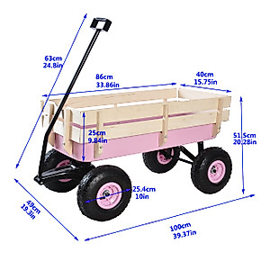 ZeHuoGe Pink Outdoor Sport Wagon All Terrain Pull with Removable Wooden Side Panels, 10-Inch Pneumatic Tires, Extra-Long Handle Folds Under for Easy Storage
