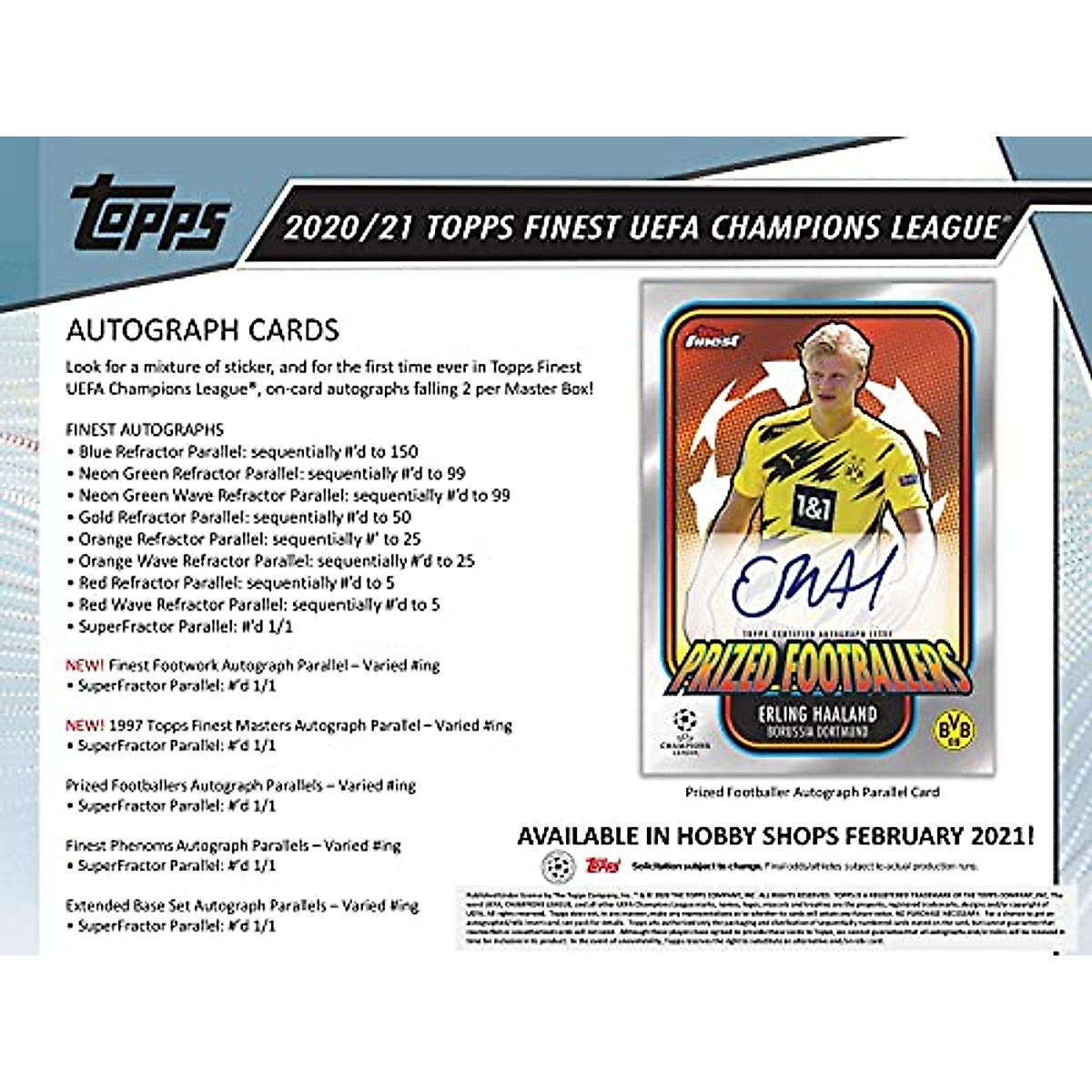 2020-21 Topps Champions League Finest Soccer UEFA Hobby Box (12 Packs/5 Cards:2 Autos)