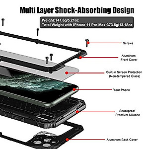 Beasyjoy iPhone 11 Pro Max Case Waterproof Metal Case Heavy Duty Built-in Screen Full Body Protective Shockproof Military Grade Black