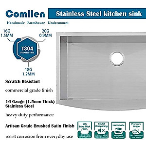 Comllen Commercial 33 Inch 304 Stainless Steel Farmhouse Sink, Single Bowl Kitchen Sink 16 Gauge 9 Inch Deep Handmade Undermount Kitchen Apron Sink Farm Sink