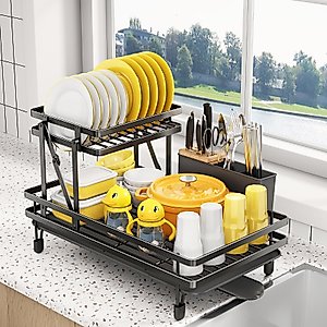 Dish Drying Rack - Large 2 Tier Dish Racks for Kitchen Counter, Collapsible Dish Drainer with Utensil Holder for Dishes, Knives, Spoons and Forks, Black