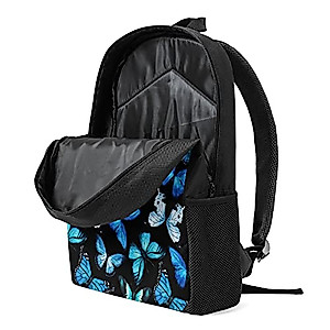 Kamoxi Blue Butterfly Backpack Beautiful Watercolor Insect Animals Black Schoolbag Travel Daypack Lightweight Rucksack Water Resistant Book Bags for Teens Girls Kids, Large 17 Inches