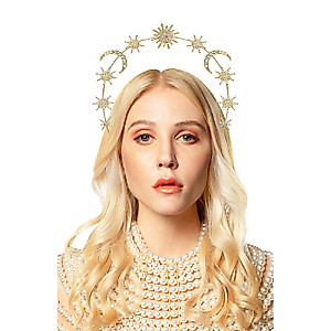 Star and Moon Halo Crown Goddess Crown Celestial Headband Starburst Halo Wedding Bridal Prom Tiara (2-Gold)