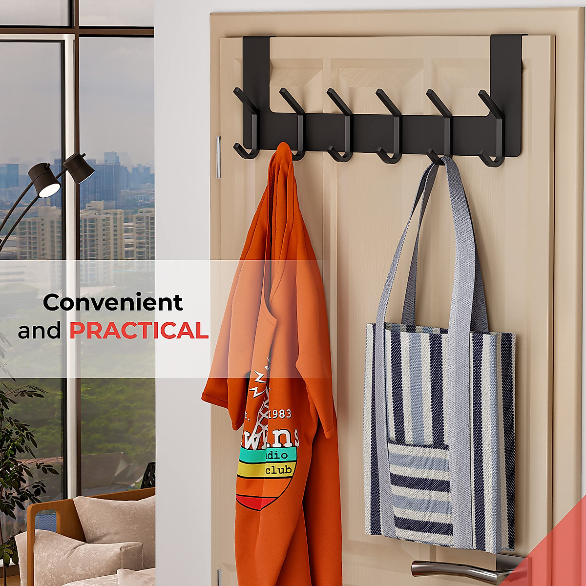 SAYONEYES Matte Black Over The Door Hooks - Heavy Duty Stainless Steel Door Hanger Holder with 6 Double Hooks for Hanging Coat Robe Hat Bag Towel Rack Bathroom, Bedroom – 2 Pack